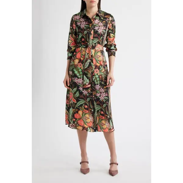Julia Jordan Floral Long Sleeve Midi Shirtdress - Black Red