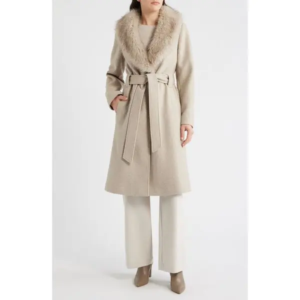 Bcbgmaxazria Belted Wrap Coat With Faux Fur Collar - Oatmeal
