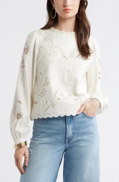 Treasure & Bond Open Floral Cutwork Linen Blend Top - Ivory Egret