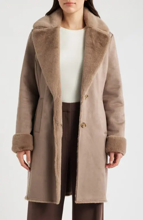Donna Karan New York Faux Suede Coat With Faux Fur Trim