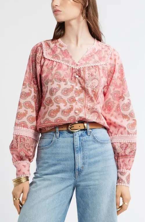 Treasure & Bond Lace Trim Button-up Shirt - Pink- Olive Patchwork Paisley