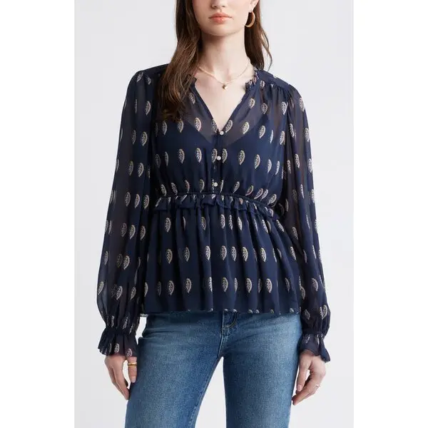 Treasure & Bond Long Sleeve Chiffon Peplum Top - Navy Mini Foulard