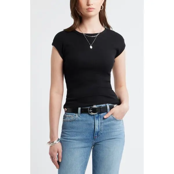 Treasure & Bond Cap Sleeve Stretch Cotton & Modal Rib T-shirt - Black