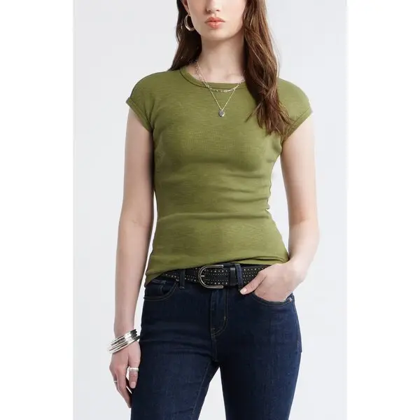 Treasure & Bond Cap Sleeve Stretch Cotton & Modal Rib T-shirt - Olive Capulet