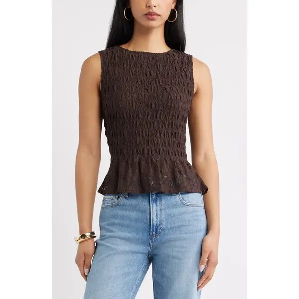 OPEN EDIT Smocked Lace Peplum Top - Brown Seal