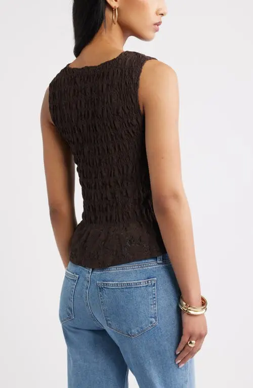 OPEN EDIT Smocked Lace Peplum Top - Brown Seal