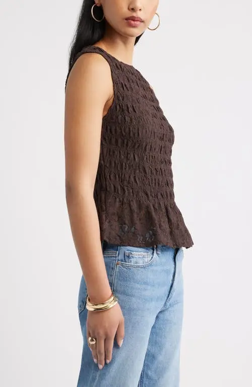 OPEN EDIT Smocked Lace Peplum Top - Brown Seal