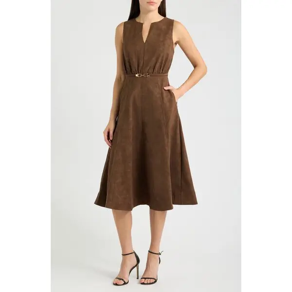 EN SAISON Eloise Belted Faux Suede Midi Dress - Brown
