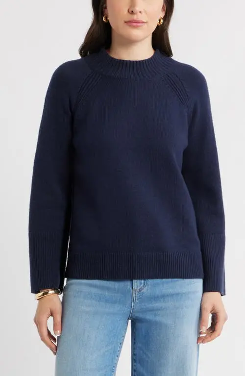 Caslon Bell Sleeve Mock Neck Merino Wool & Cotton Sweater - Navy Still