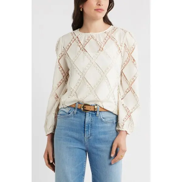 Caslon Lattice Lace Sheer Cotton Top - Ivory Pristine