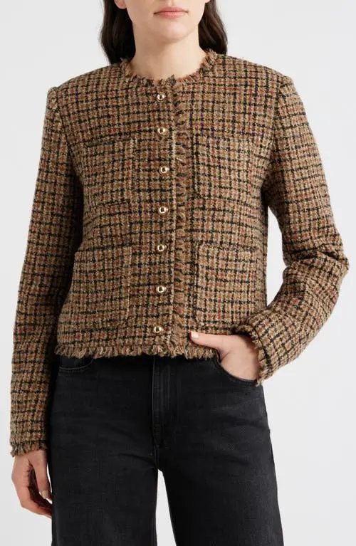 Bernardo Fringe Crop Cotton Tweed Jacket