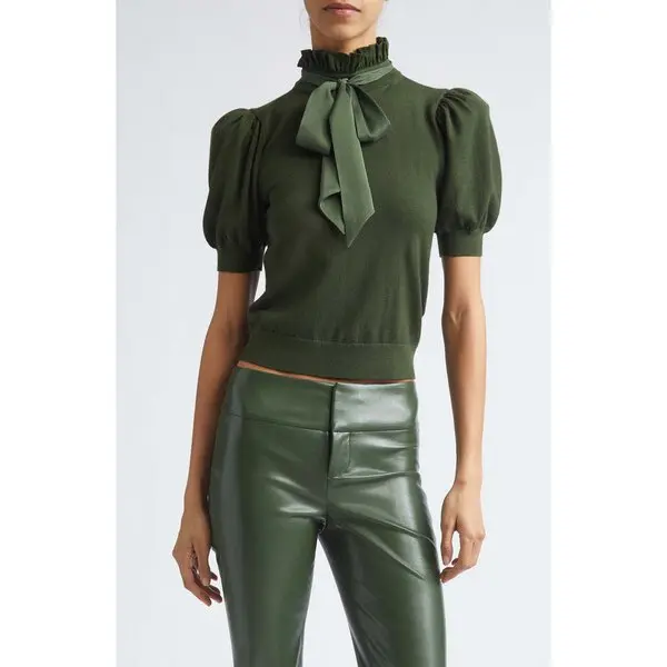 Alice + Olivia Chase Puff Sleeve Stretch Wool Sweater - Dark Fern