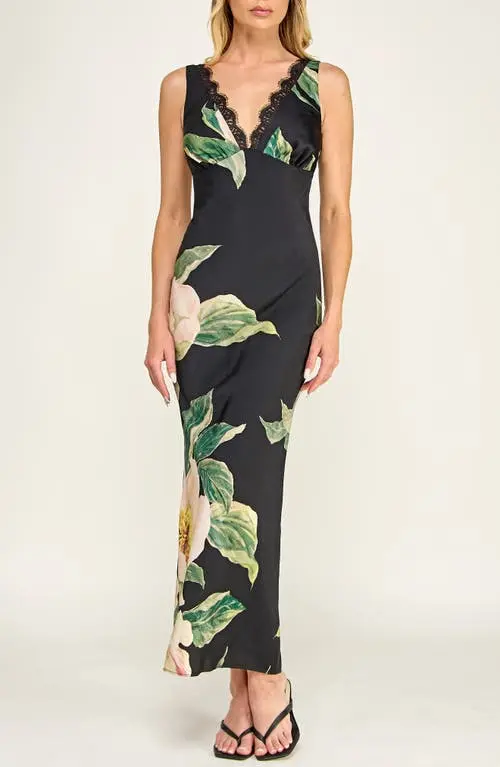 SOCIALITE Bias Cut Floral Satin Dress - Black Green