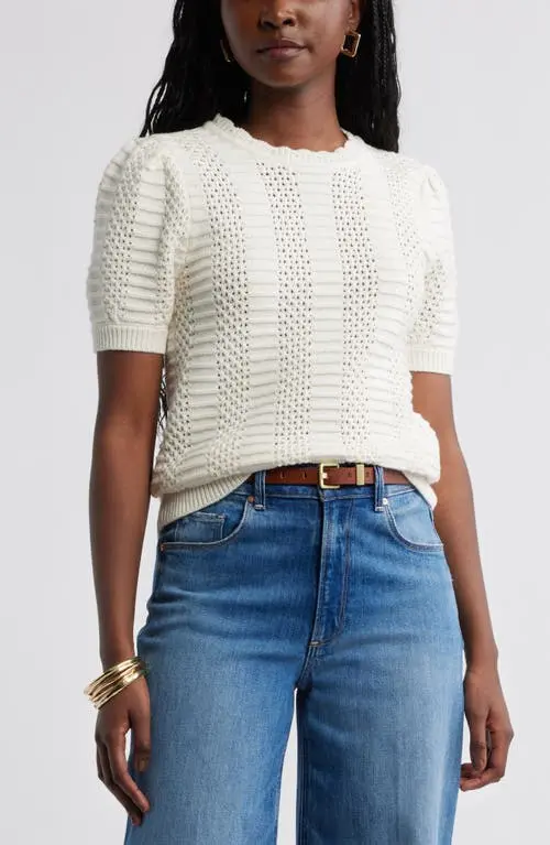 Caslon Mixed Stitch Short Sleeve Pima Cotton & Merino Wool Sweater - Ivory Pristine