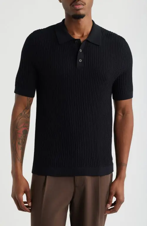OPEN EDIT Textured Short Sleeve Polo Sweater - Black