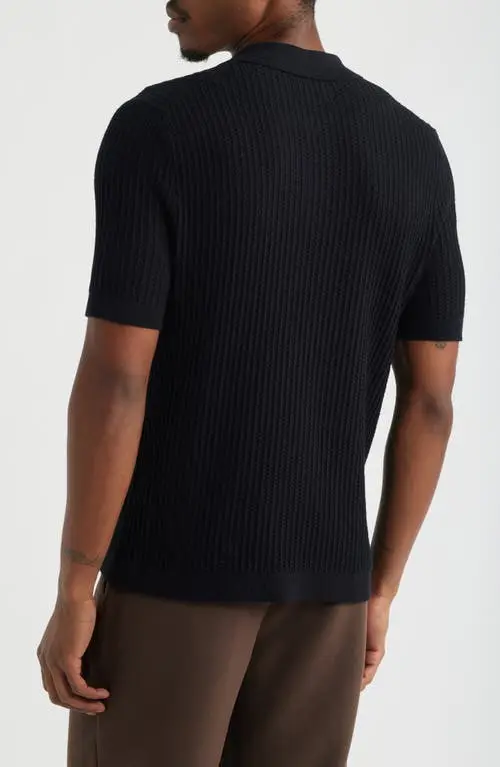 OPEN EDIT Textured Short Sleeve Polo Sweater - Black
