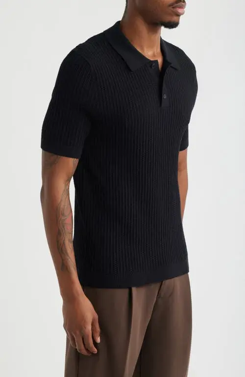 OPEN EDIT Textured Short Sleeve Polo Sweater - Black