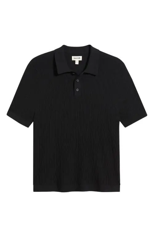 OPEN EDIT Textured Short Sleeve Polo Sweater - Black