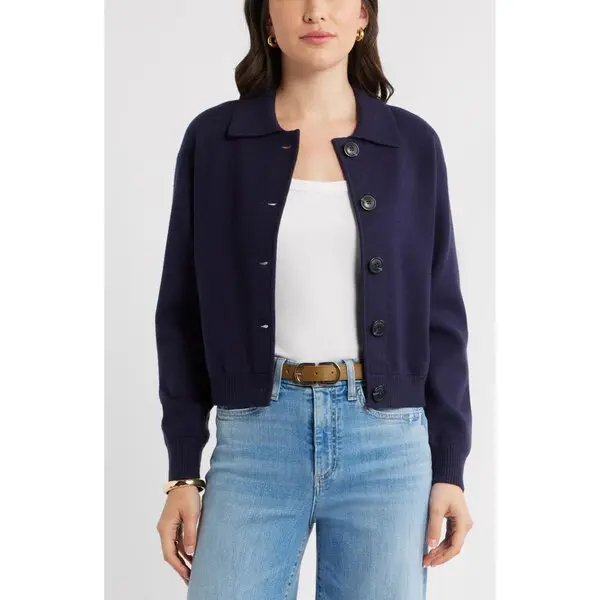Caslon Milano Knit Bomber Cardigan - Navy Still