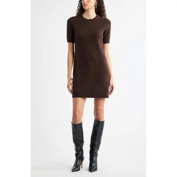 Nordstrom Short Sleeve Wool & Cashmere Sweater Dress - Brown Mole