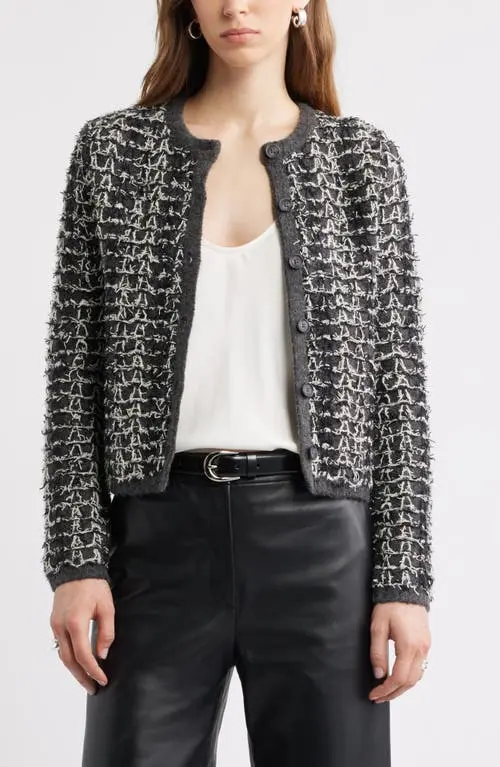 Nordstrom Textured Crewneck Cardigan - Grey Texture Plaid