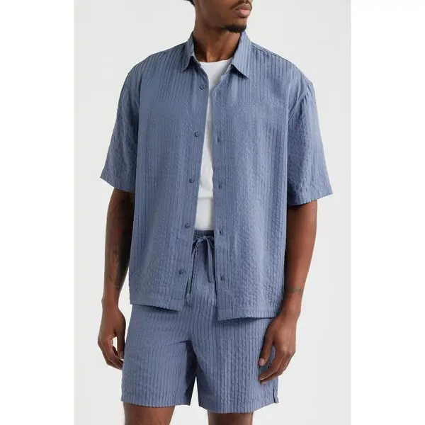 OPEN EDIT Stripe Short Sleeve Seersucker Button-up Shirt