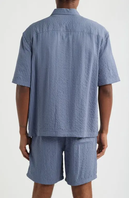 OPEN EDIT Stripe Short Sleeve Seersucker Button-up Shirt