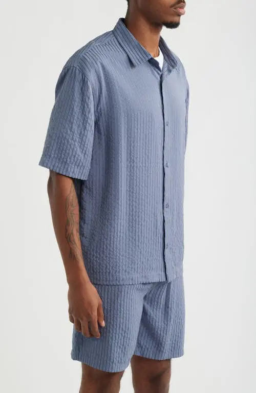 OPEN EDIT Stripe Short Sleeve Seersucker Button-up Shirt