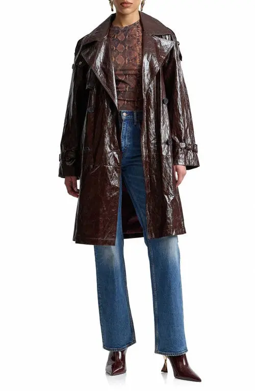 Avec Les Filles Belted Double Breasted Faux Leather Trench Coat - Dark Plum