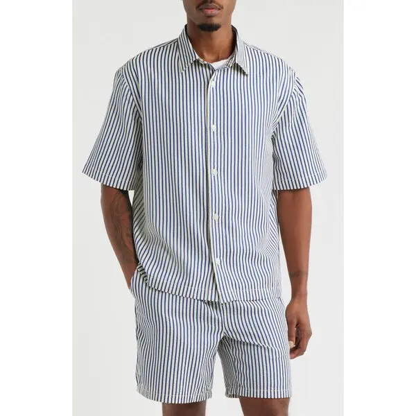 OPEN EDIT Stripe Short Sleeve Seersucker Button-up Shirt - Blue Header Stripe