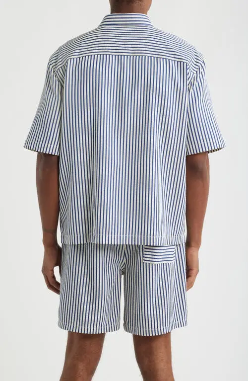 OPEN EDIT Stripe Short Sleeve Seersucker Button-up Shirt