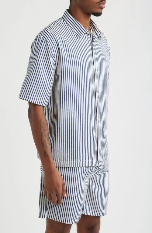 OPEN EDIT Stripe Short Sleeve Seersucker Button-up Shirt