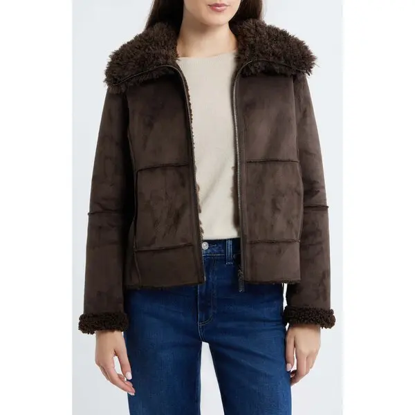 Sam Edelman Zip Front Faux Shearling Jacket - Dark Brown