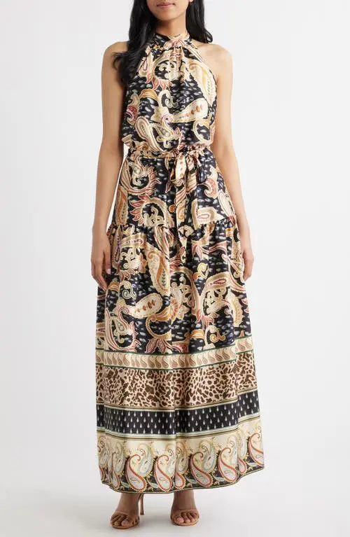 Julia Jordan Paisley Print Stretch Satin Maxi Dress - Black Multi