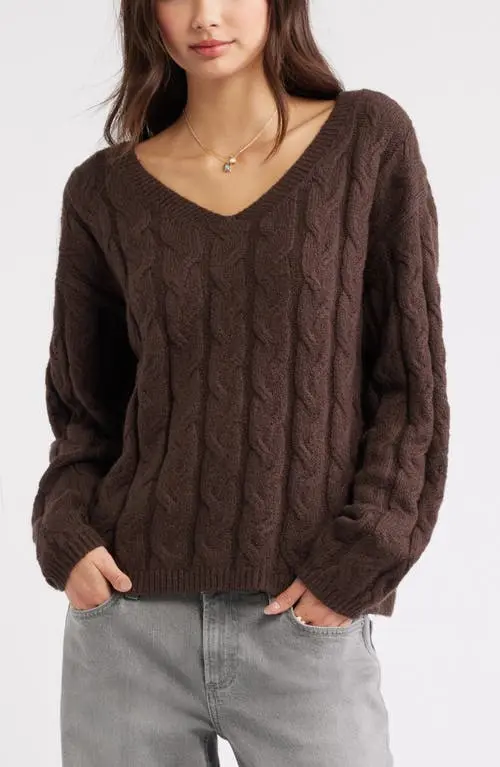 Bp. Cable Knit V-neck Cotton Blend Sweater - Brown Coffee