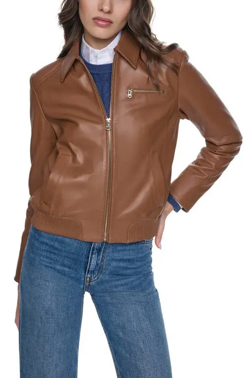Cole Haan Leather Bomber Jacket - Hazelnut