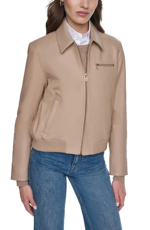 Cole Haan Leather Bomber Jacket - Sesame