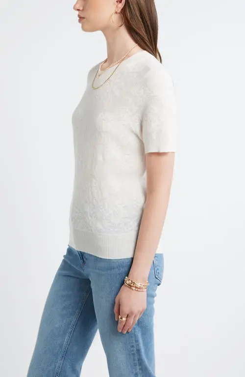 Treasure & Bond Floral Jacquard Short Sleeve Wool & Cashmere Sweater - Ivory Dove