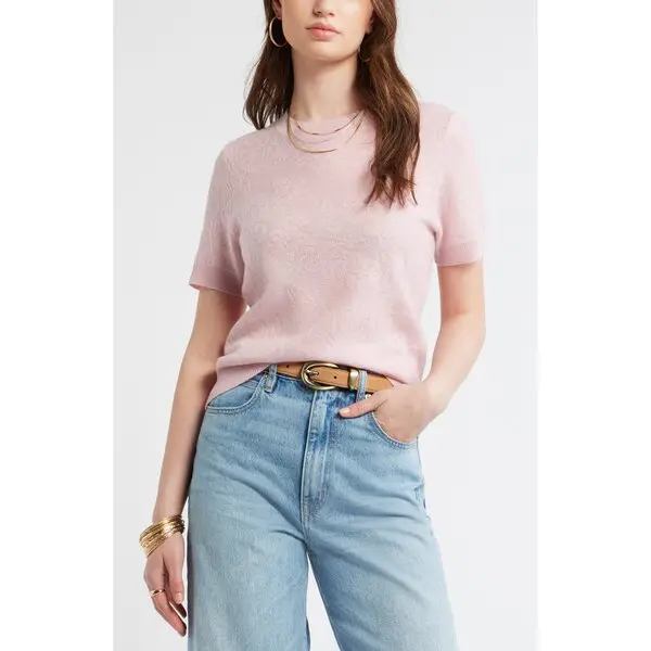 Treasure & Bond Floral Jacquard Short Sleeve Wool & Cashmere Sweater - Pink Timber