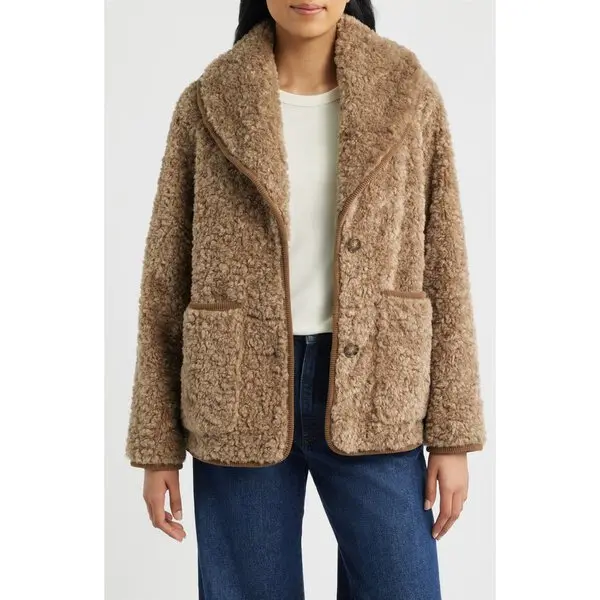 Lucky Brand Cozy Patch Pocket Faux Shearling Jacket - Mushroom