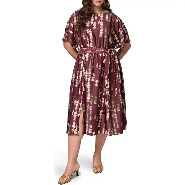 Donna Karan New York Print Stretch Satin Midi Dress - Black Cherry
