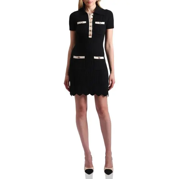 Avec Les Filles Rib Knit Polo Minidress - Black/cream