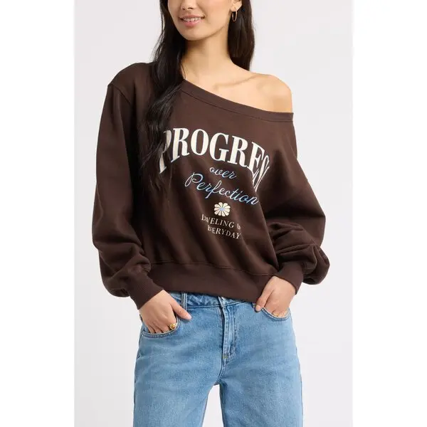 Bp. Off-the-shoulder Fleece Sweatshirt - Brown Progress Over Perfect