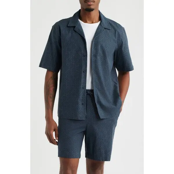 OPEN EDIT Stretch Linen Blend Camp Shirt - Navy Eclipse Geo