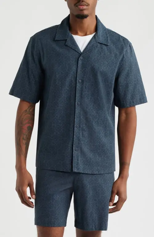OPEN EDIT Stretch Linen Blend Camp Shirt - Navy Eclipse Geo