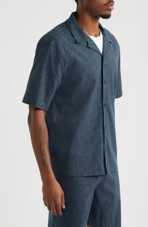 OPEN EDIT Stretch Linen Blend Camp Shirt - Navy Eclipse Geo