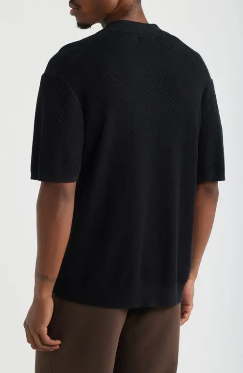 OPEN EDIT Diagonal Stitch Short Sleeve Polo Sweater - Black