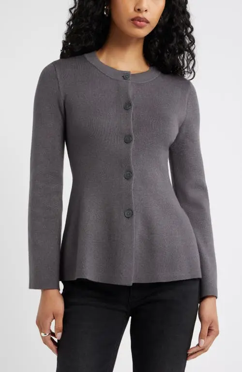 OPEN EDIT Button Front Peplum Cardigan - Grey Medium Charcoal Heather