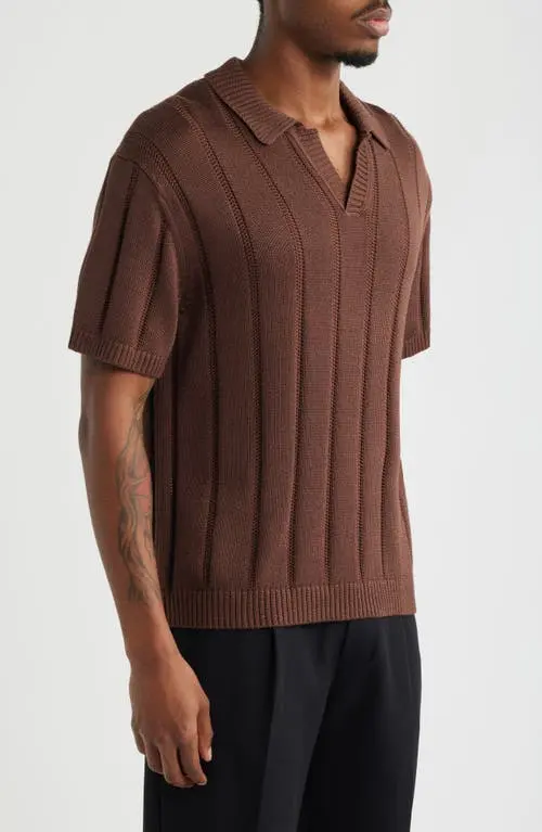 OPEN EDIT Boxy Short Sleeve Polo Sweater - Brown Rock