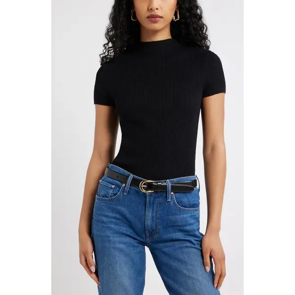 OPEN EDIT Rib Knit Mock Neck Sweater - Black